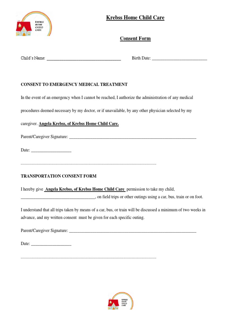 Krebss Home Child Care Consent Forms | PDF | Day Care | Consent