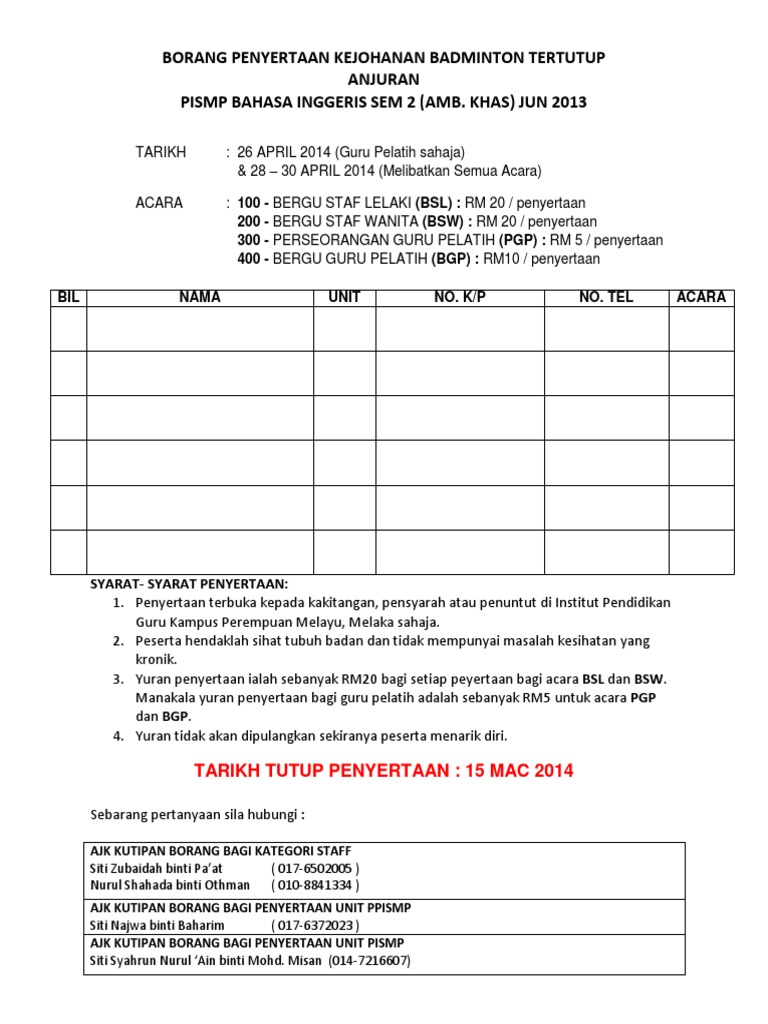 Borang Penyertaan Kejohanan Badminton Tertutup Corrected | PDF