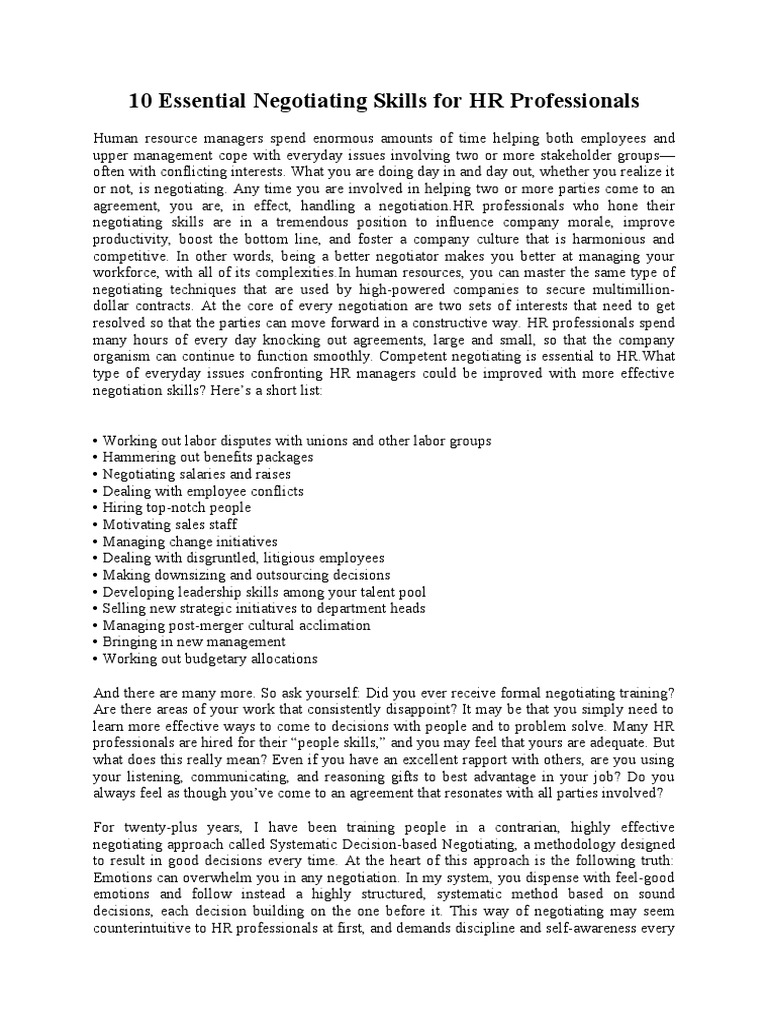 10 Essential Negotiating Skills For HR | PDF | Negotiation | Human ...