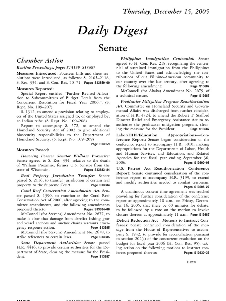 US Congressional Record Daily Digest 15 December 2005 | PDF | United ...