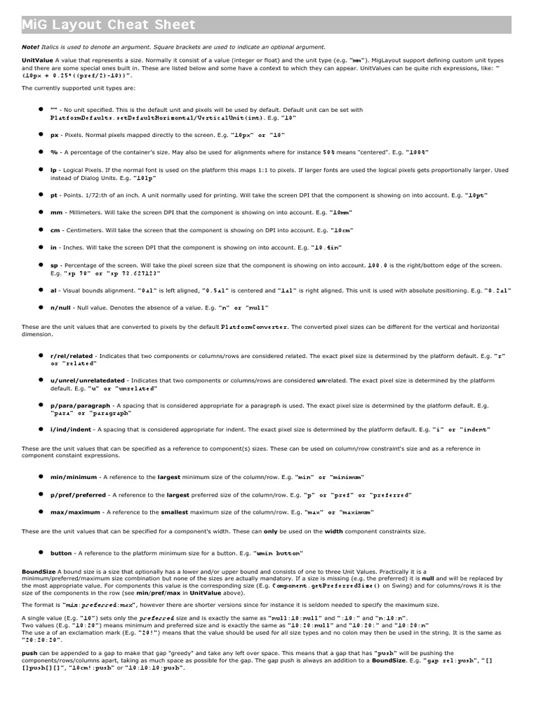Mig Layout Cheat Sheet Pdf Notation Computer Programming 