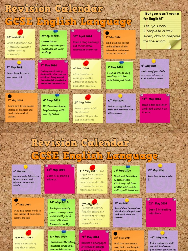 Revision Calendar For GCSE English | PDF | English Language | Adverb