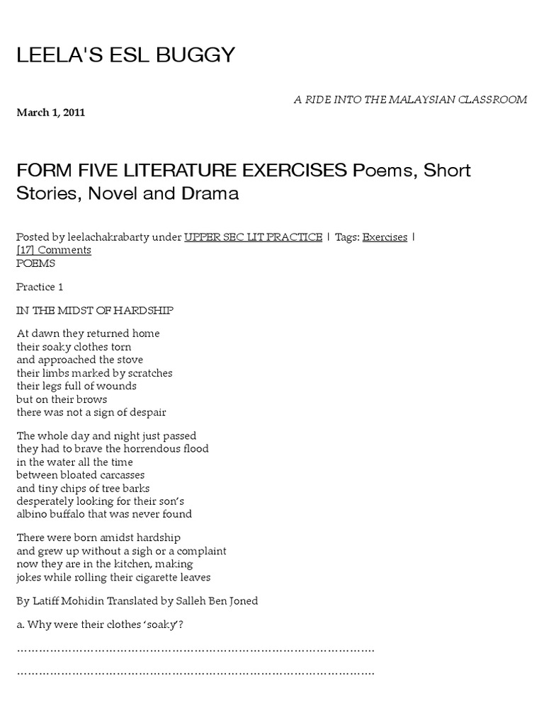 Form Five Literature Exercises Poems, Short Stories, Novel and Drama | PDF