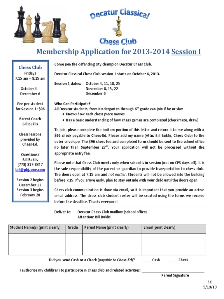 Membership Application For 2013-2014 Session I: Chess Club | PDF