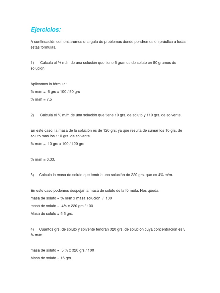 Ejercicios de Soluciones | PDF | Mole (Unidad) | Sustancias químicas