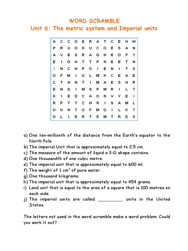 Word Scramble: Metric & Imperial Units | PDF | Science & Mathematics