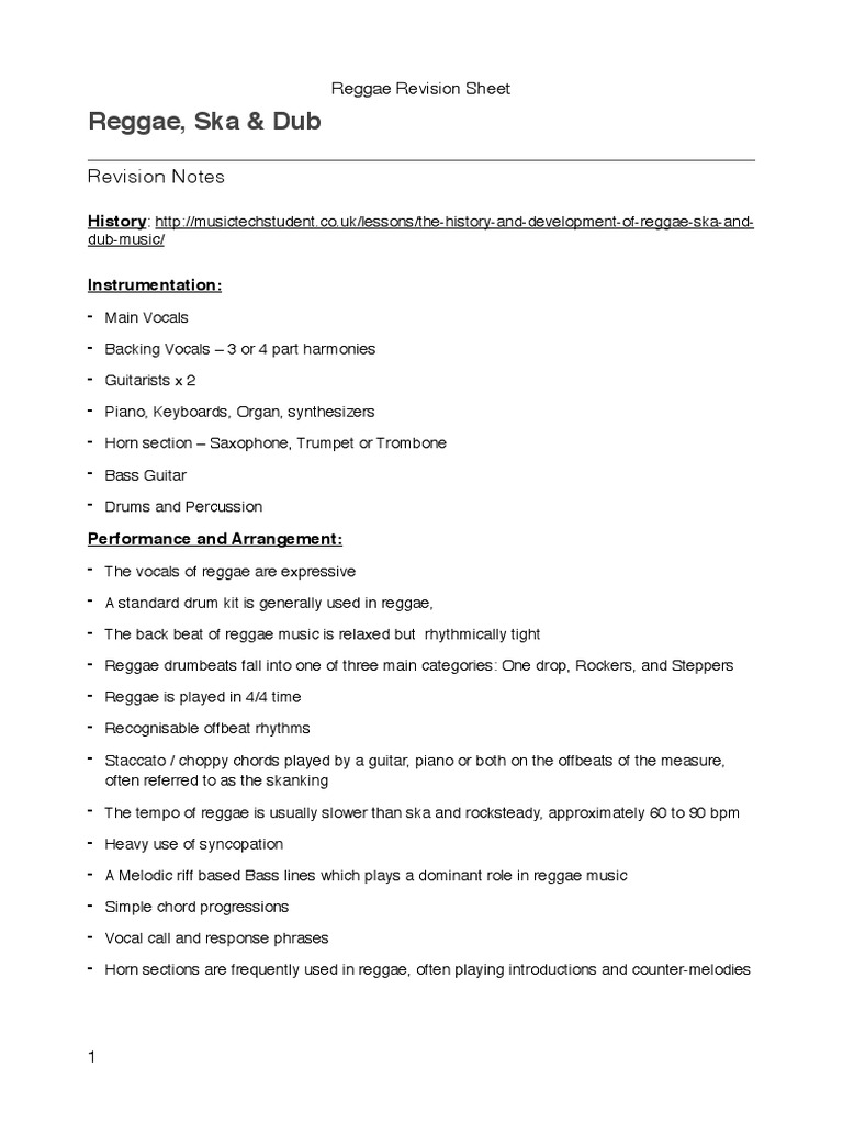 Reggae Revision Notes | PDF | Reggae | Jamaican Styles Of Music