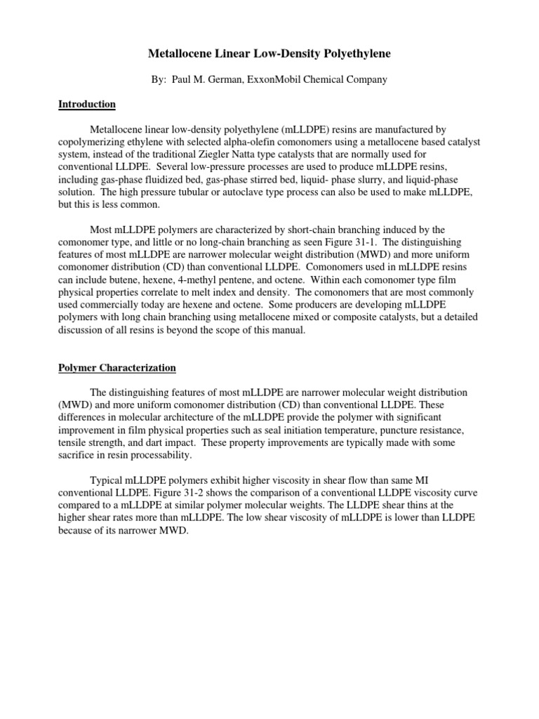 Metallocene Linear Low-Density Polyethylene Properties and Applications ...