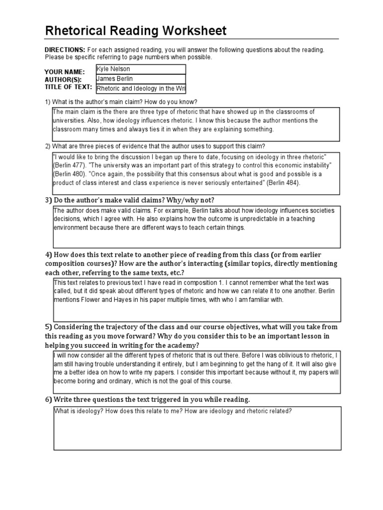 Rhetorical Reading Analysis Worksheet | PDF | Rhetoric | Ideologies