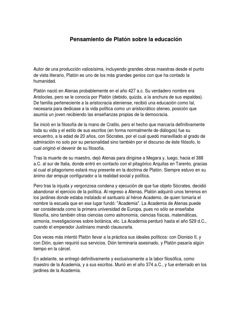 Platon y La Educacion | PDF | Platón | Conocimiento