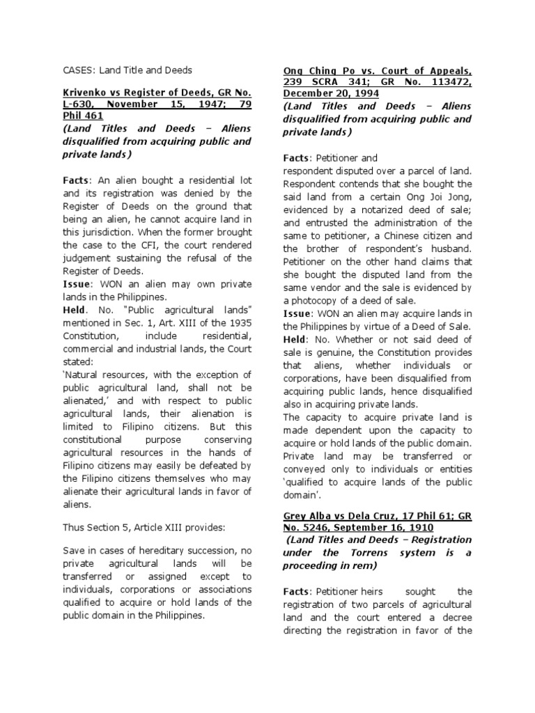 Analysis of Key Cases on Land Titles and Deeds Regarding Ownership and ...