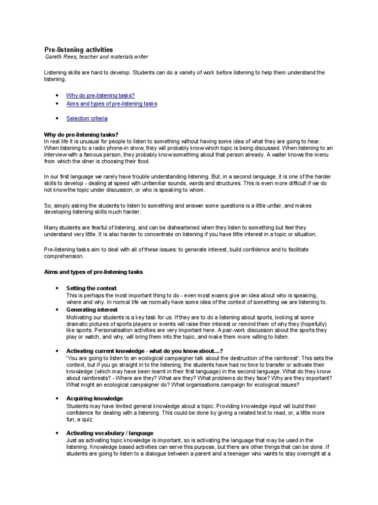 Pre-Listening Activities Word 2007 | PDF | Vocabulary | Reading ...