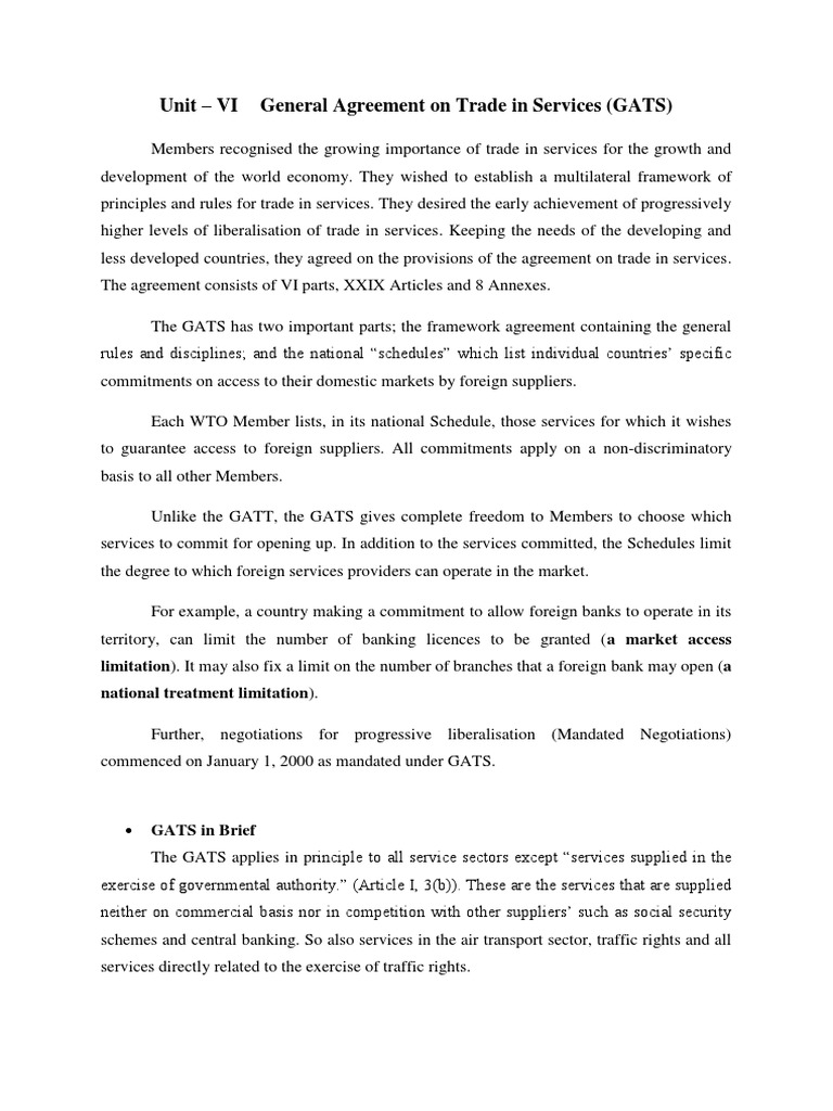 Unit - VI General Agreement On Trade in Services (GATS) | PDF | General ...