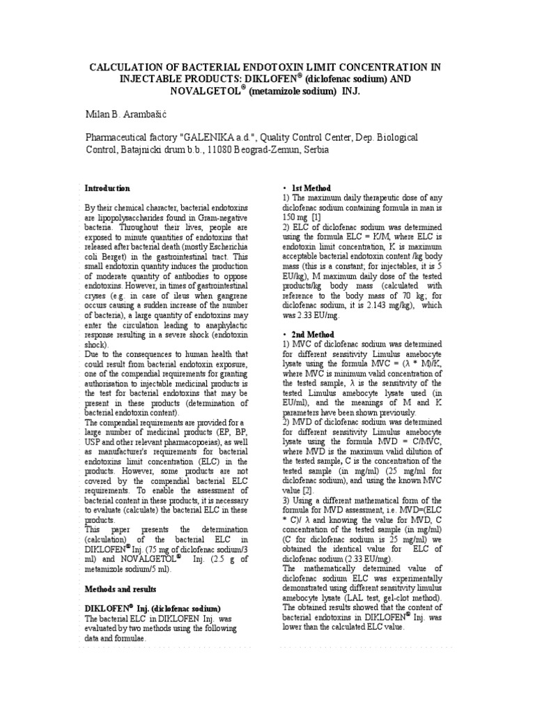 Milan B. Arambašić: Calculation of bacterial endotoxin limit ...
