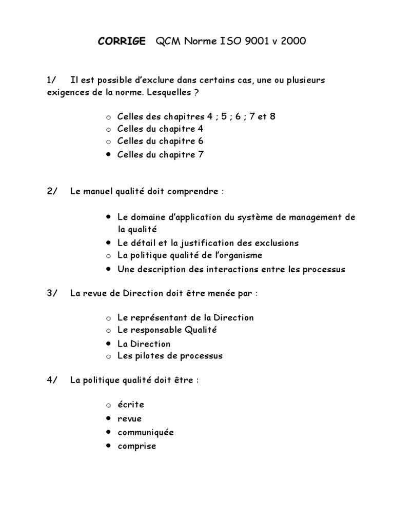 QCM corrig - ر | PDF | Management de la qualité | Système de management de la qualité