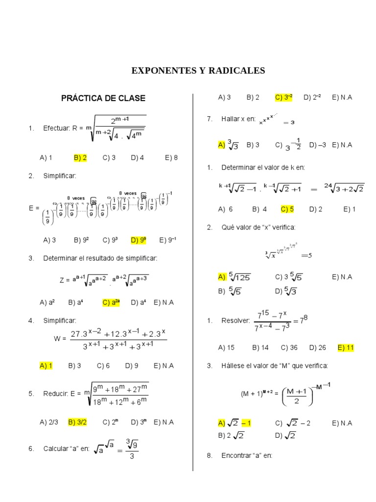 Ejercicios de Exponentes y Radicales | PDF