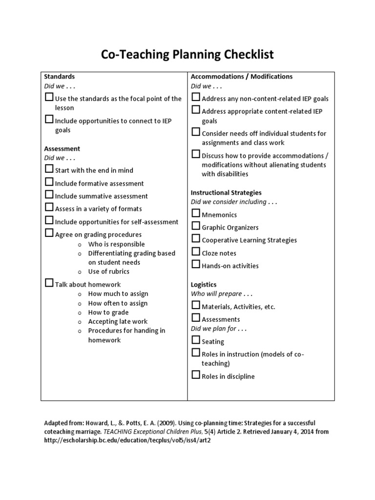Co-Teaching Planning Checklist | PDF | Career & Growth