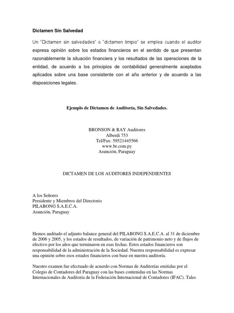 Definición de Dictamen Sin Salvedad | PDF | Auditoría financiera ...
