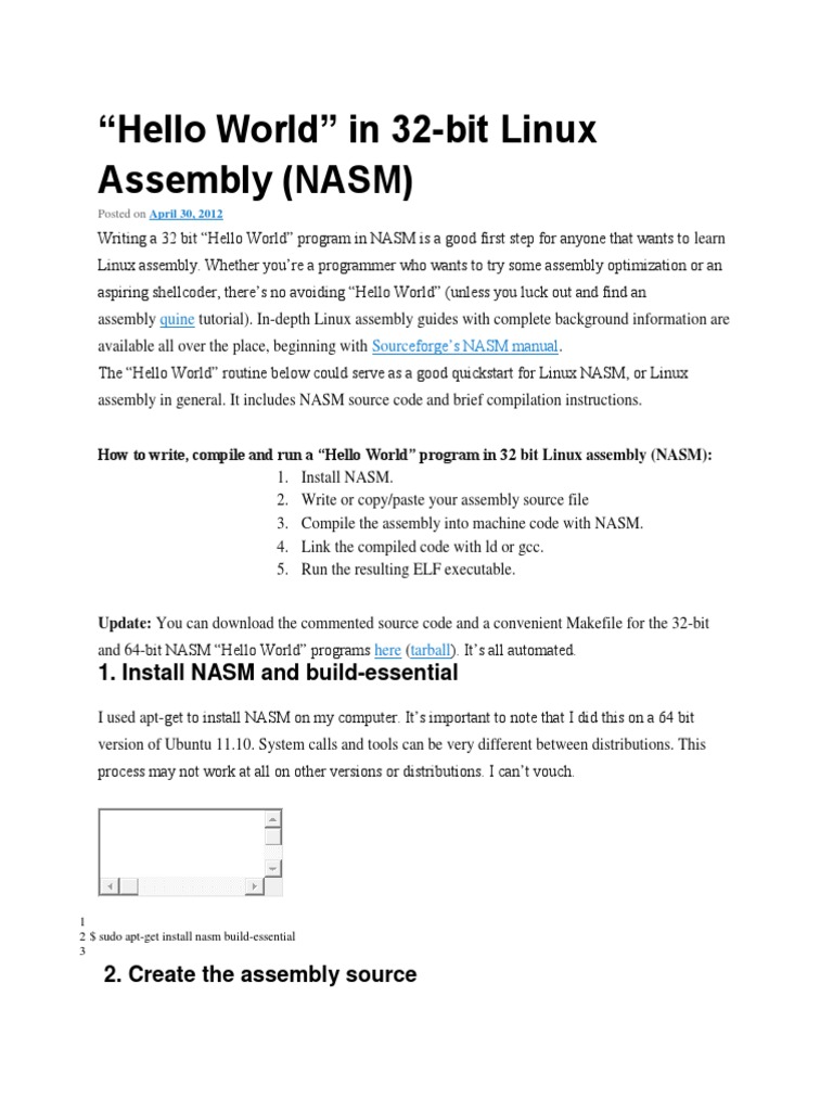 'Hello World' in 32-Bit Linux Assembly | PDF | Source Code | Operating System Technology
