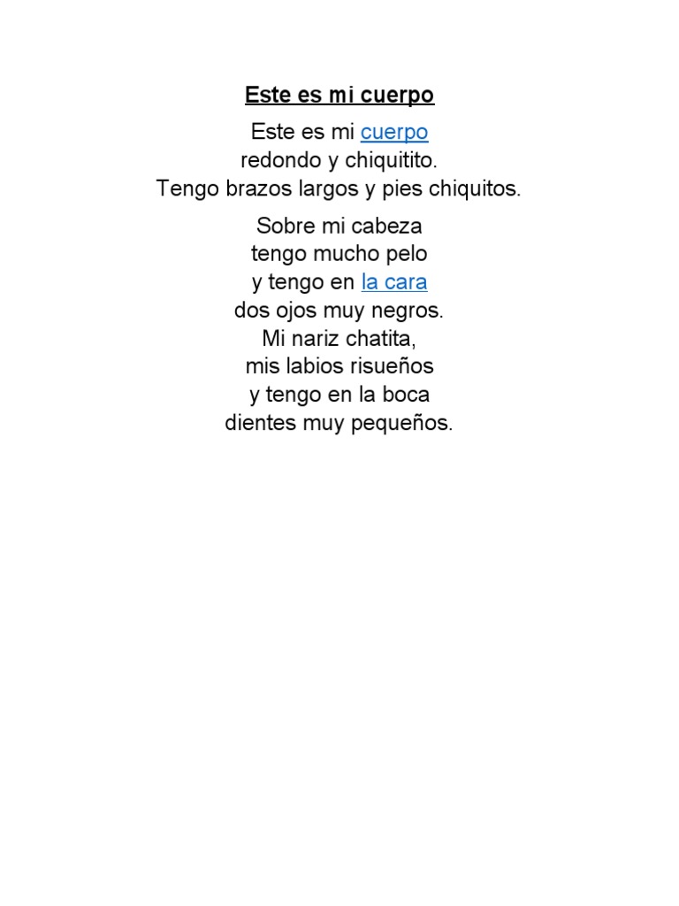 Partes De Mi Cuerpo Poema RECURSOS Y ACTIVIDADES Para Educación