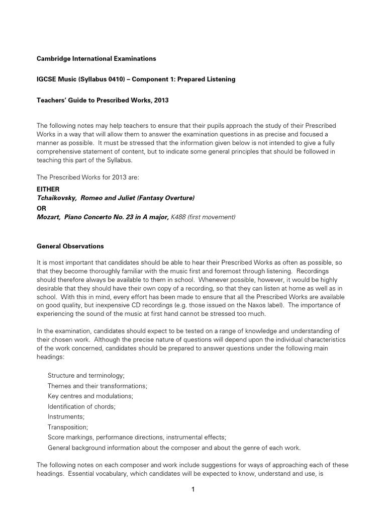 IGCSE Music (Syllabus 0410) Teachers Guide To Prescribed Works 2013 ...