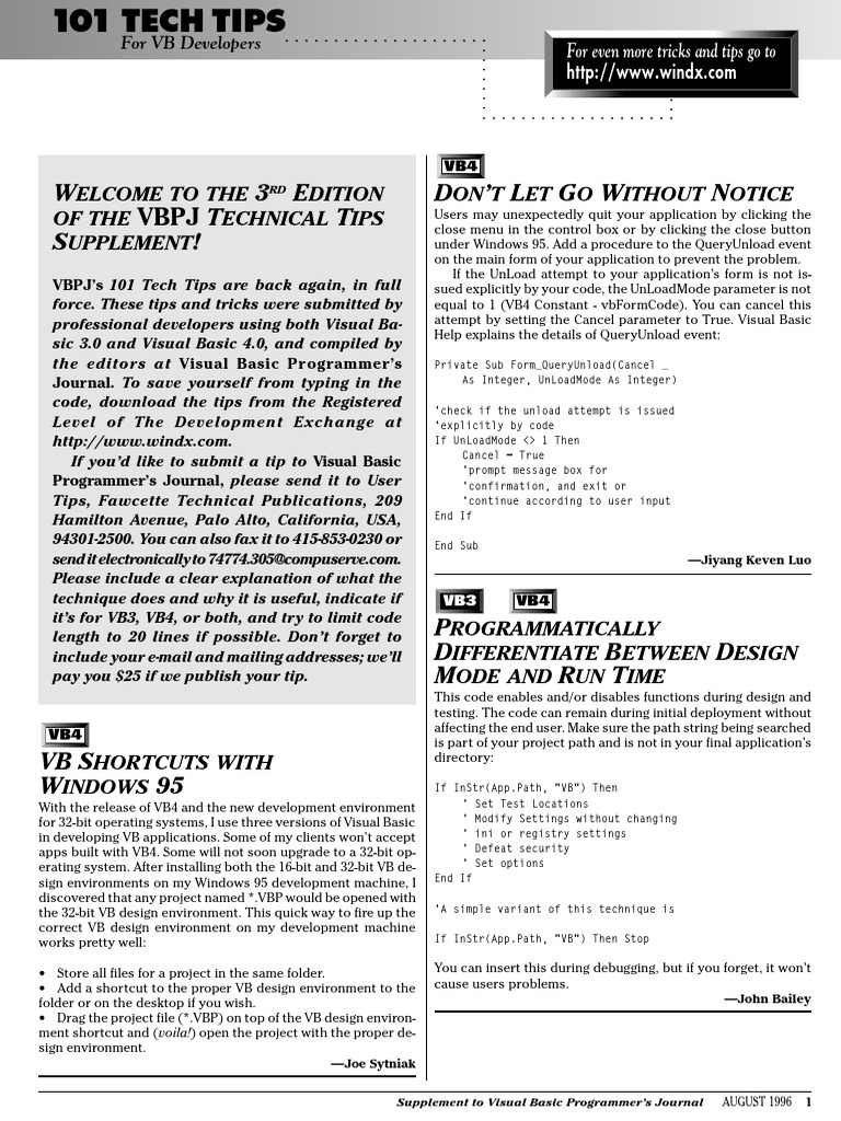 101 Tech Tips For VB Developers 003 | PDF | Windows Registry | Subroutine