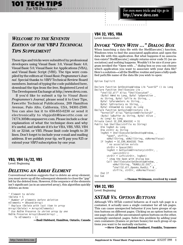 101 Tech Tips For VB Developers 007 | PDF | Subroutine | Visual Basic ...