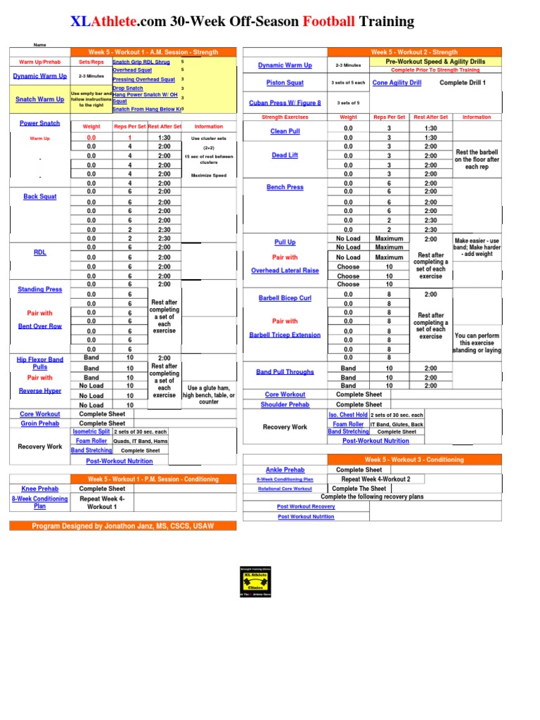 Workout - Sheet - Football 30-Week Off-Season Training Week 5-9 | PDF ...