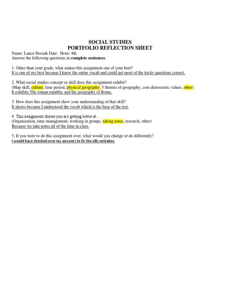 Portfolio Reflection Sheet Socst 3 | PDF | Language Arts & Discipline