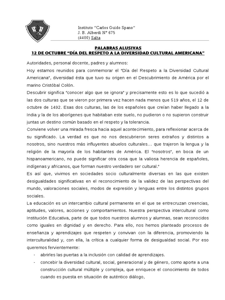 Discurso Día de La Diversidad | PDF | Tolerancia | Diversidad cultural