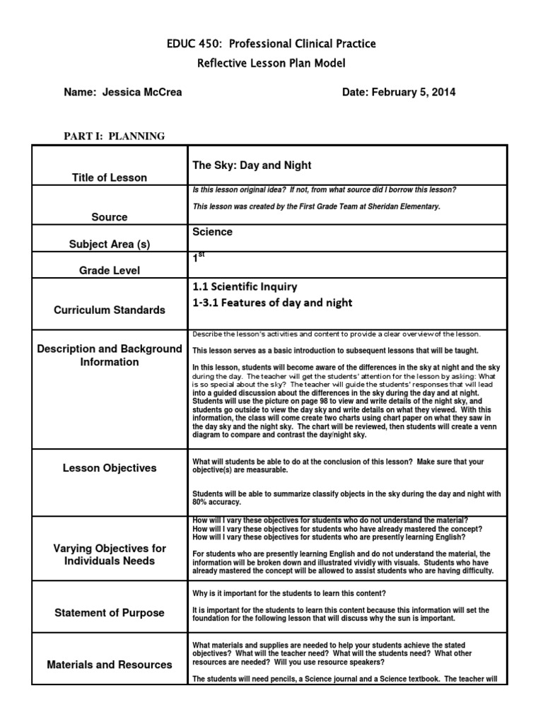 Reflective Lesson Plan (Day and Night) | Download Free PDF | Lesson ...
