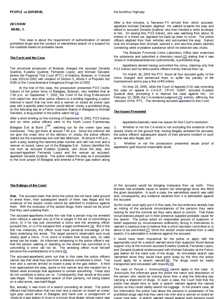People Vs Quebral | PDF | Search And Seizure | Witness