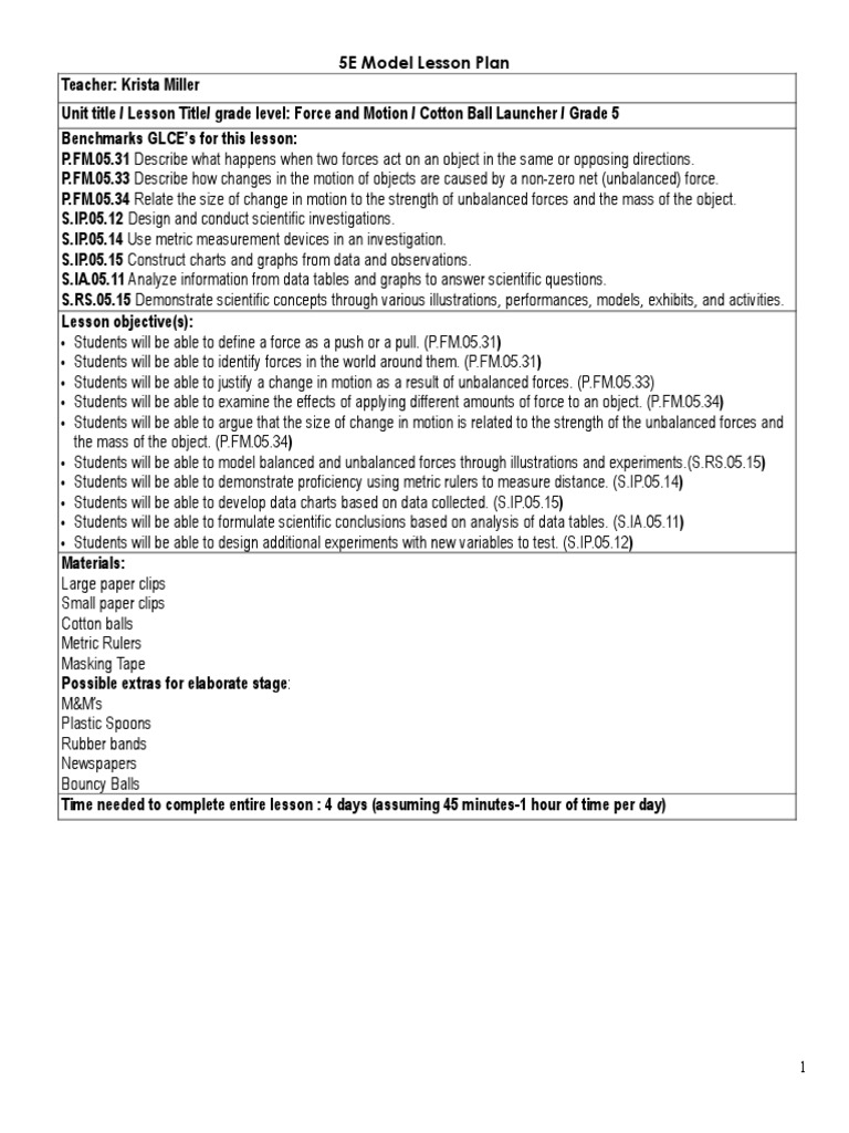 Force and Motion 5e Lesson Plan Final | PDF | Experiment | Force