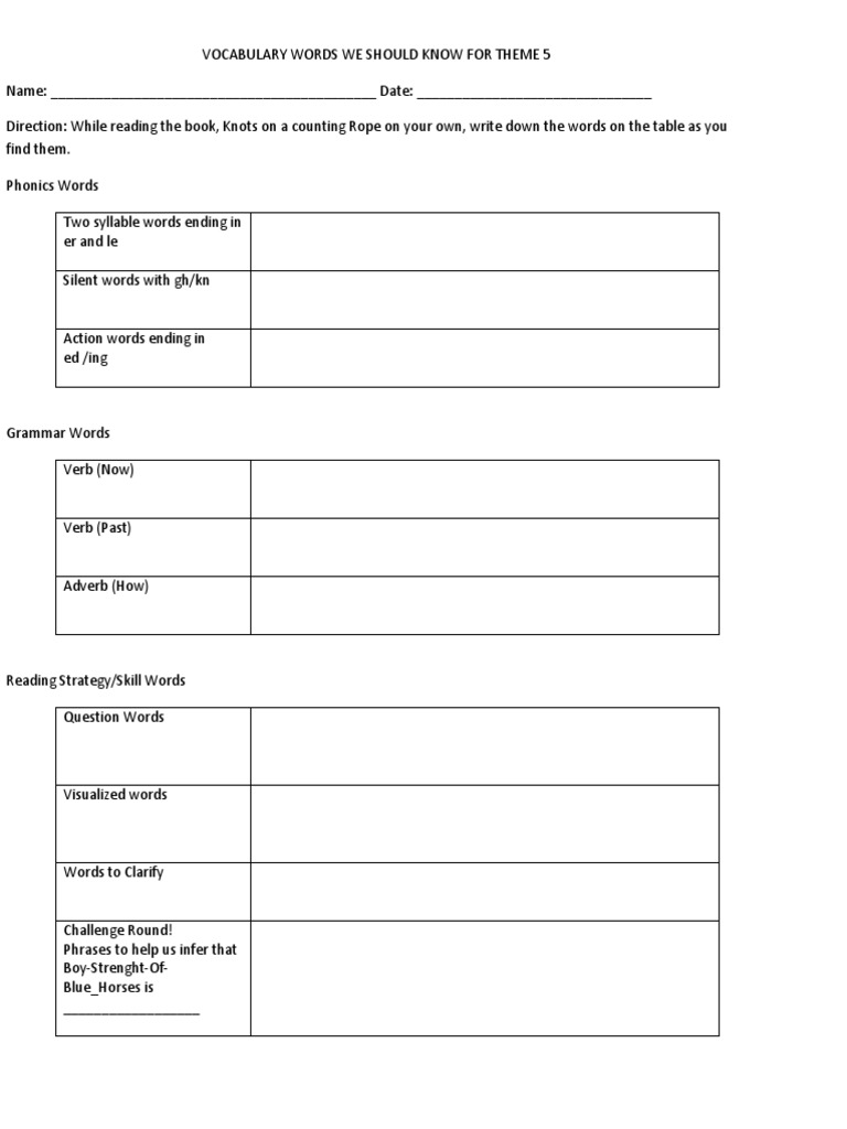 Knots On A Counting Rope Vocabulary Activity | PDF | Language Arts ...