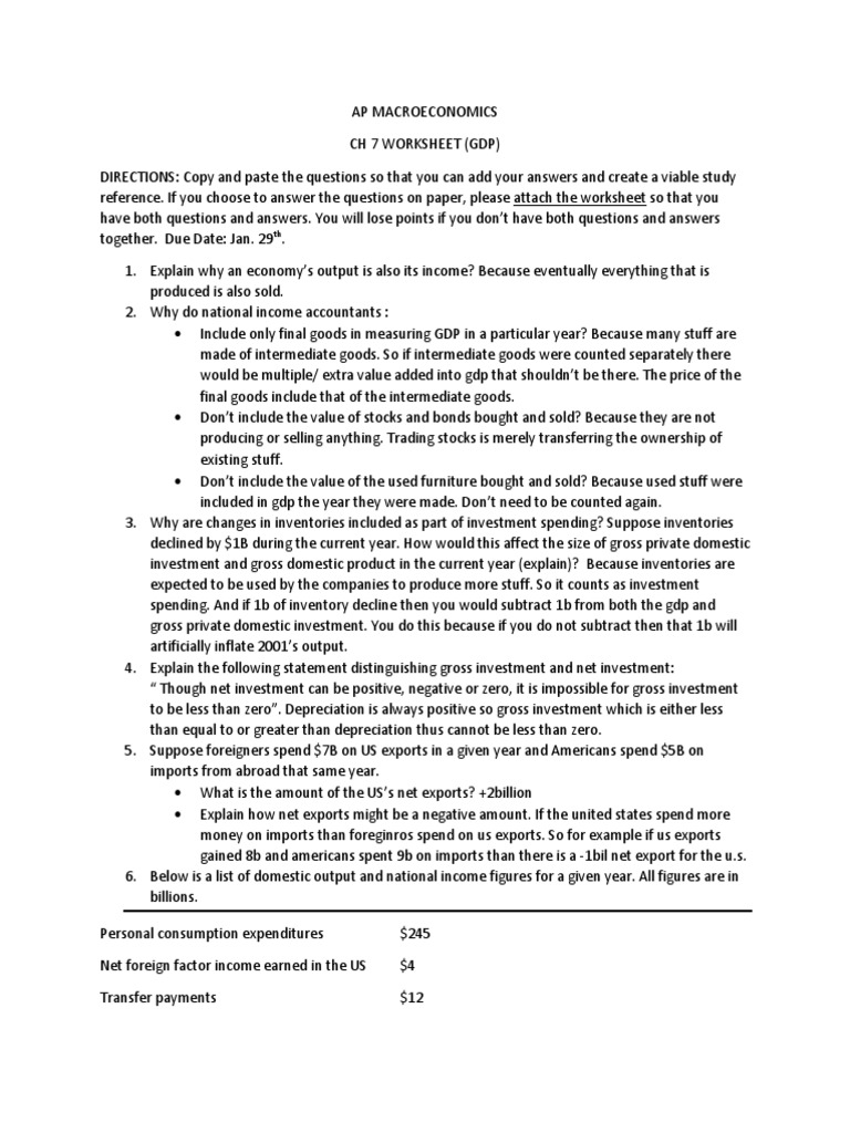 AP MACROECONOMICS CH 7 WORKSHEET (GDP | PDF | Index (Economics) | Gross ...