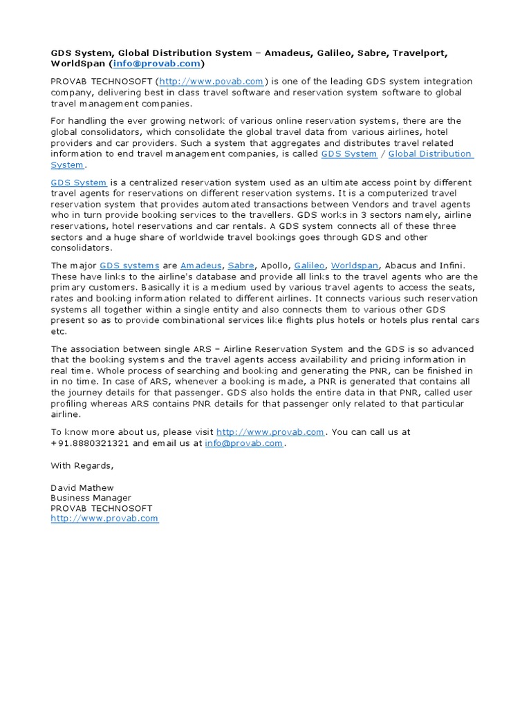 GDS System, Global Distribution System - Amadeus, Galileo, Sabre ...