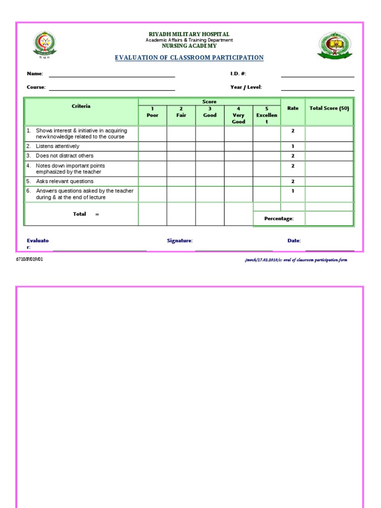 Classroom Participation Evaluation Form | PDF | Career & Growth