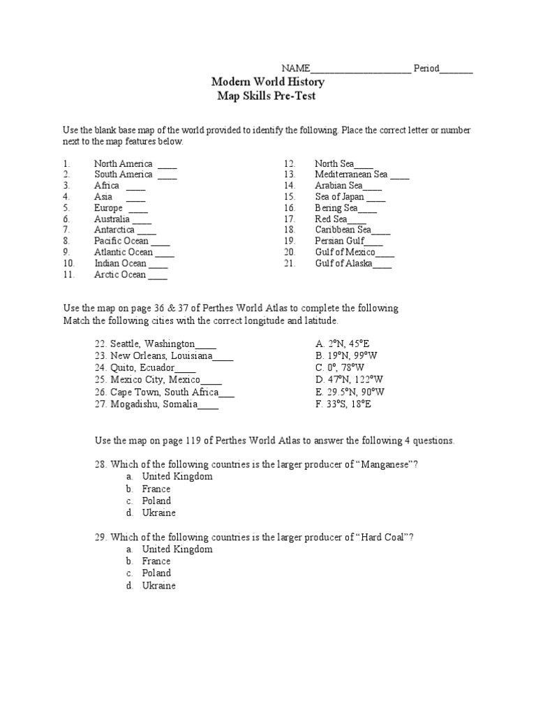 Map Skills PreTest | PDF | Sea | Earth Sciences