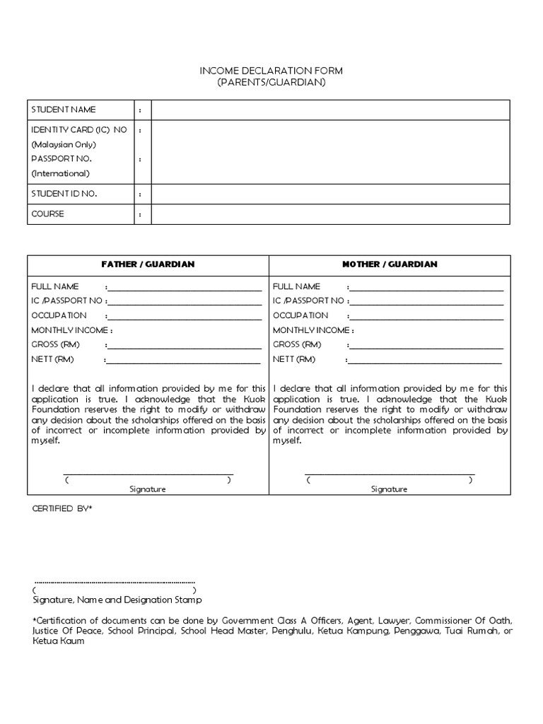 Income Declaration Form (For Curtin Sarawak Malaysia Scholarship Only) | PDF