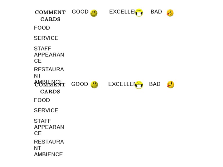 Restaurant Comment Card Examples | PDF | Cooking, Food & Wine | Wellness