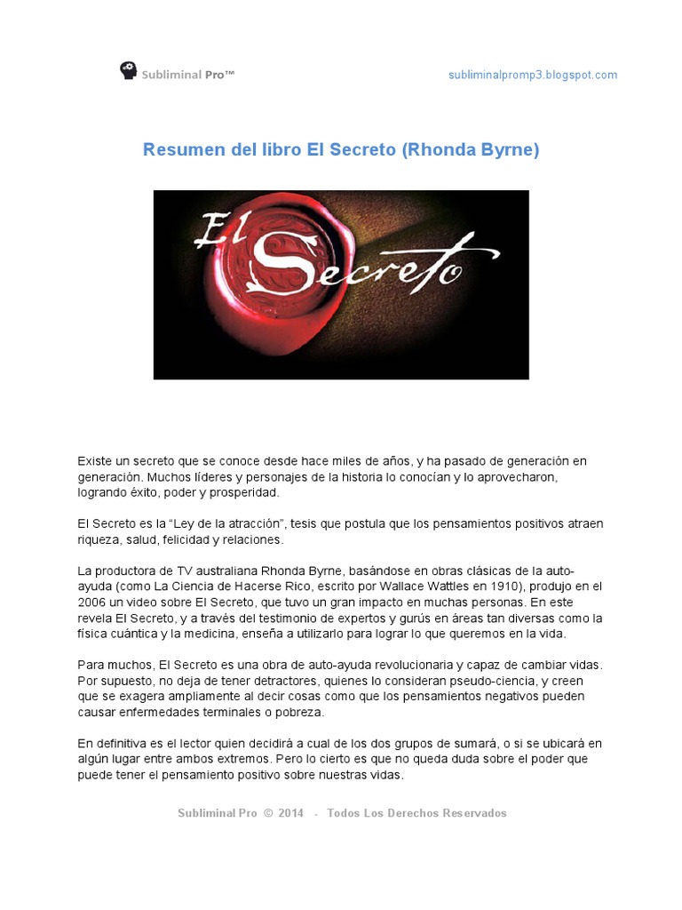 Resumen Del Libro El Secreto (Rhonda Byrne) | PDF | Amor | Mente