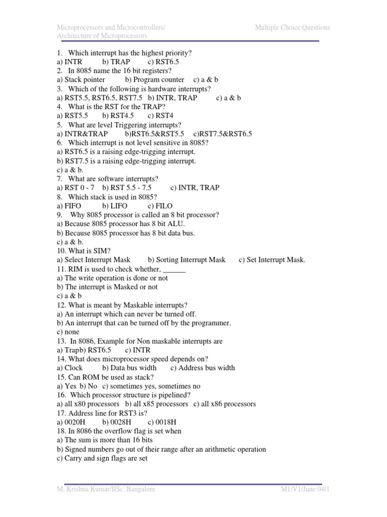 Microprocessors and Microcontrollers/ Multiple Choice Questions Architecture of Microprocessors ...