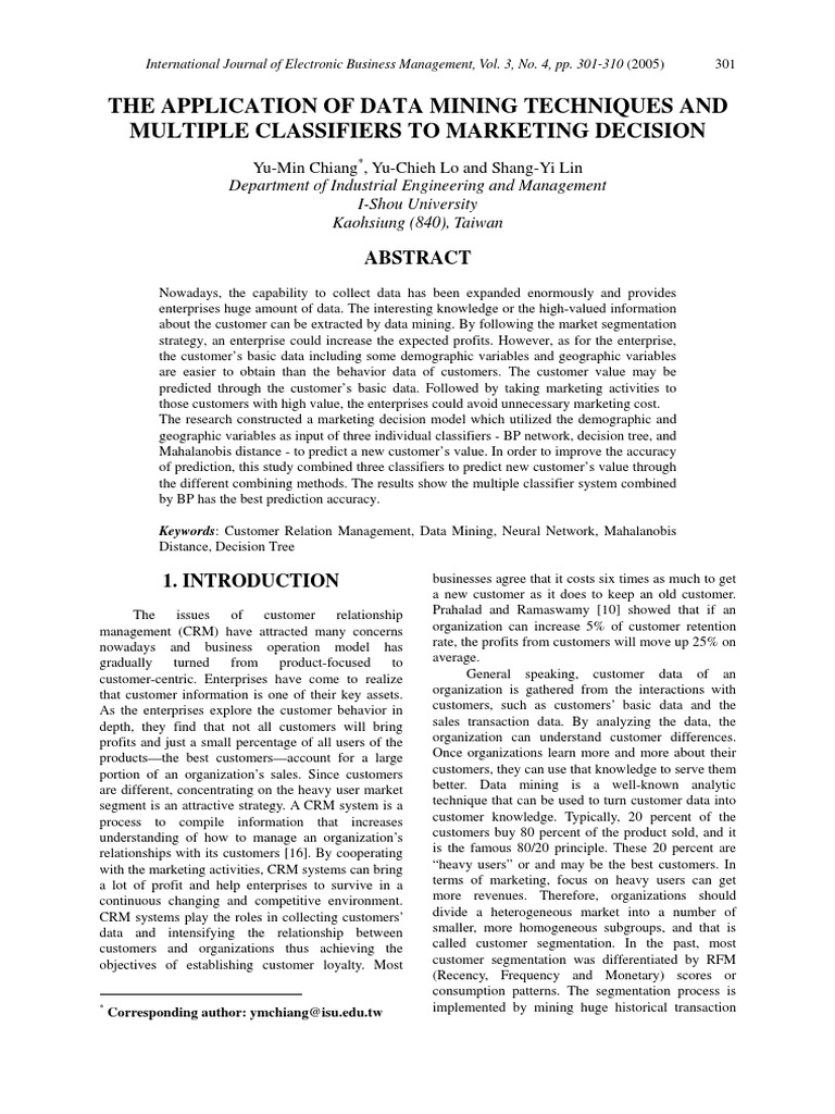 The Application of Data Mining Techniques and Multiple Classifiers To Marketing Decision | PDF ...