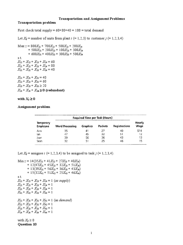 Transportation and Assignment Problems Transportation Problem | PDF