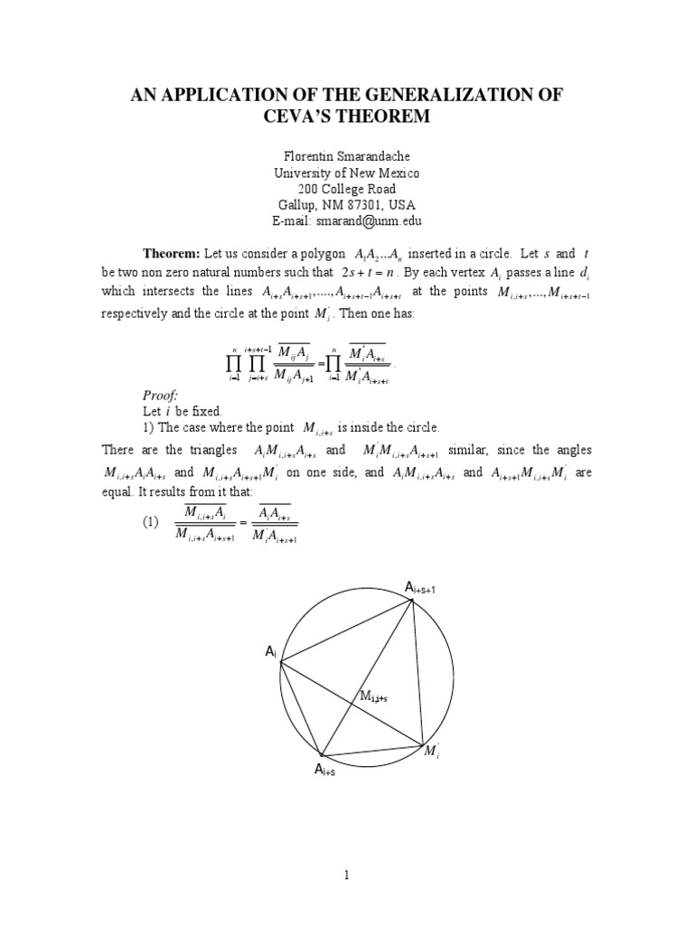 AN APPLICATION OF THE GENERALIZATION OF CEVA’S THEOREM | Triangle ...