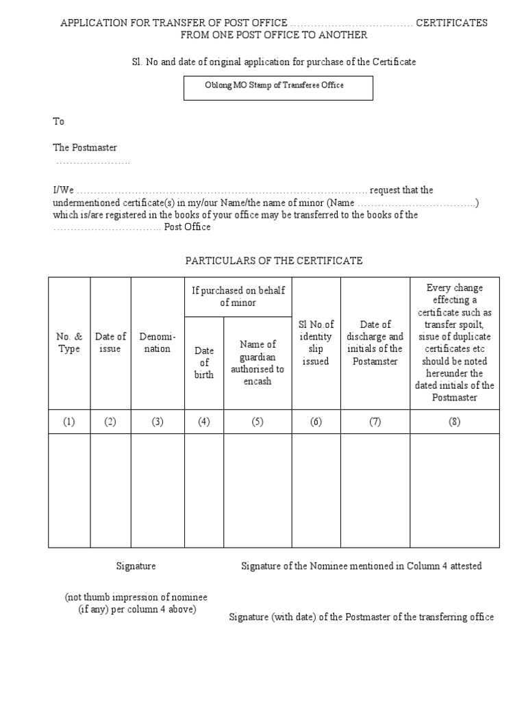 Transfer Application for Post Office Certificates | PDF