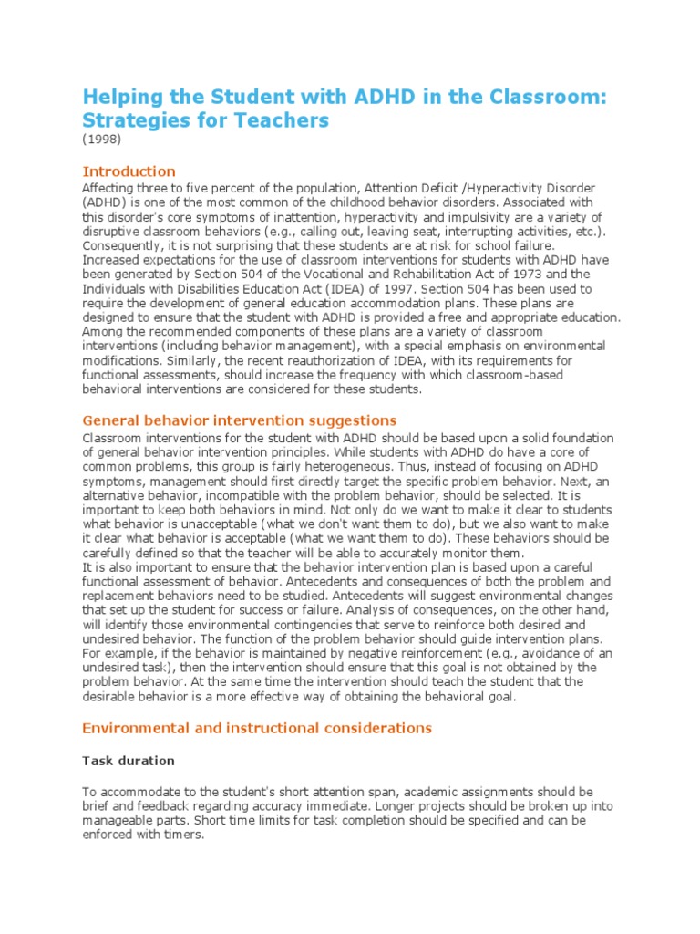 ADHD Classroom Intervention Strategies | PDF | Self-Improvement | Wellness