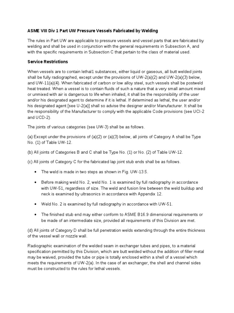 ASME VIII Div 1 Part UW Pressure Vessels Fabricated by Welding ...
