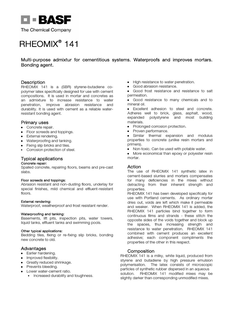 Rheomix 141 TDS New PDF | PDF | Mortar (Masonry) | Concrete