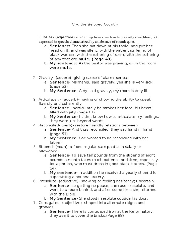 Cry, The Beloved Country 1. Mute - (Adjective) - Refraining From | PDF ...